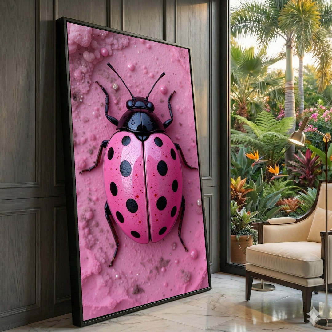 Pink Ladybug Canvas Wall Art, Close up Insect Illustration, Nature ...