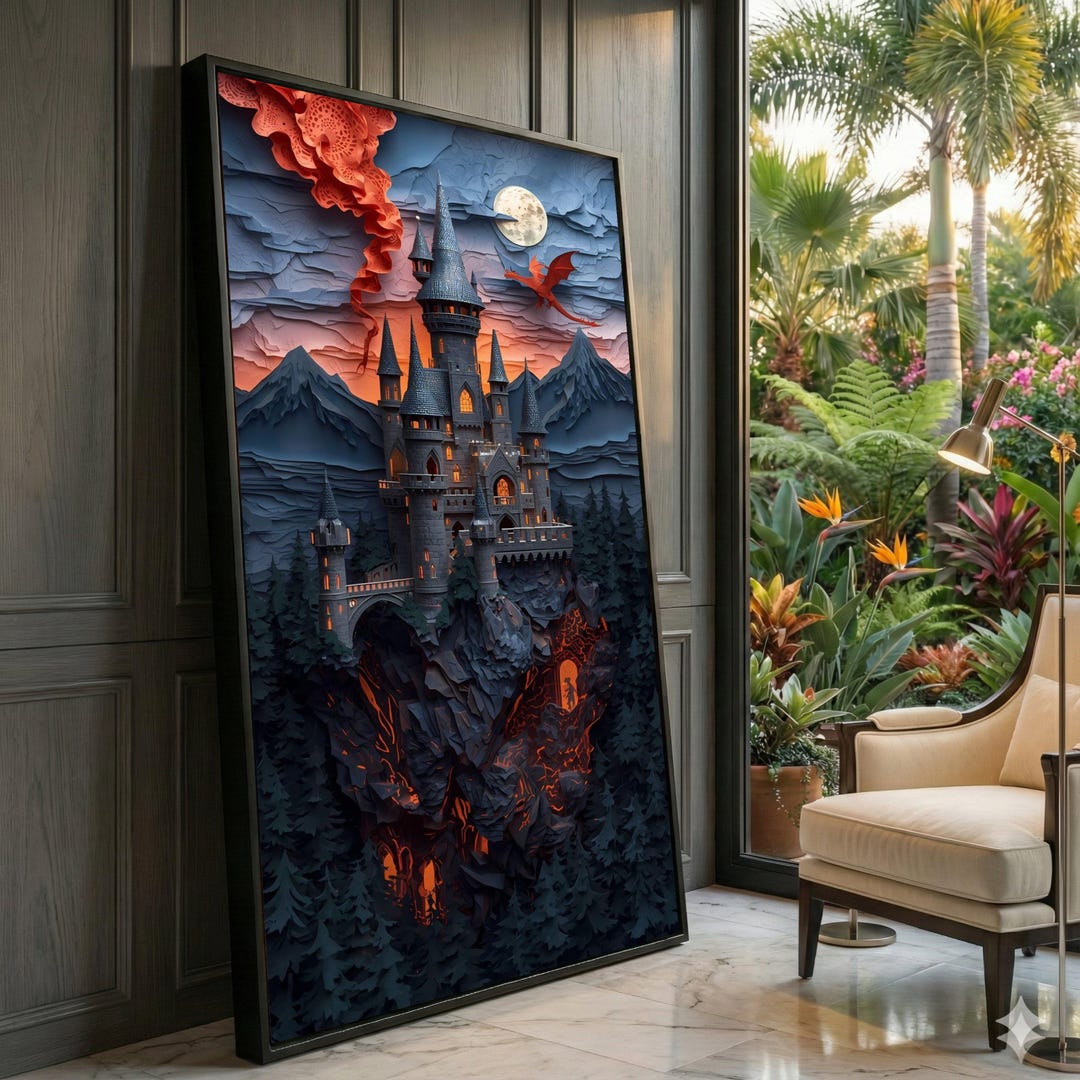 Enchanted Castle on Volcanic Cliff Canvas, Fantasy Dragon Wall Art ...