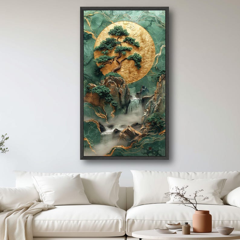 Bonsai Tree Canvas Art, Golden Moon Waterfall Scene, Asian Zen Wall ...