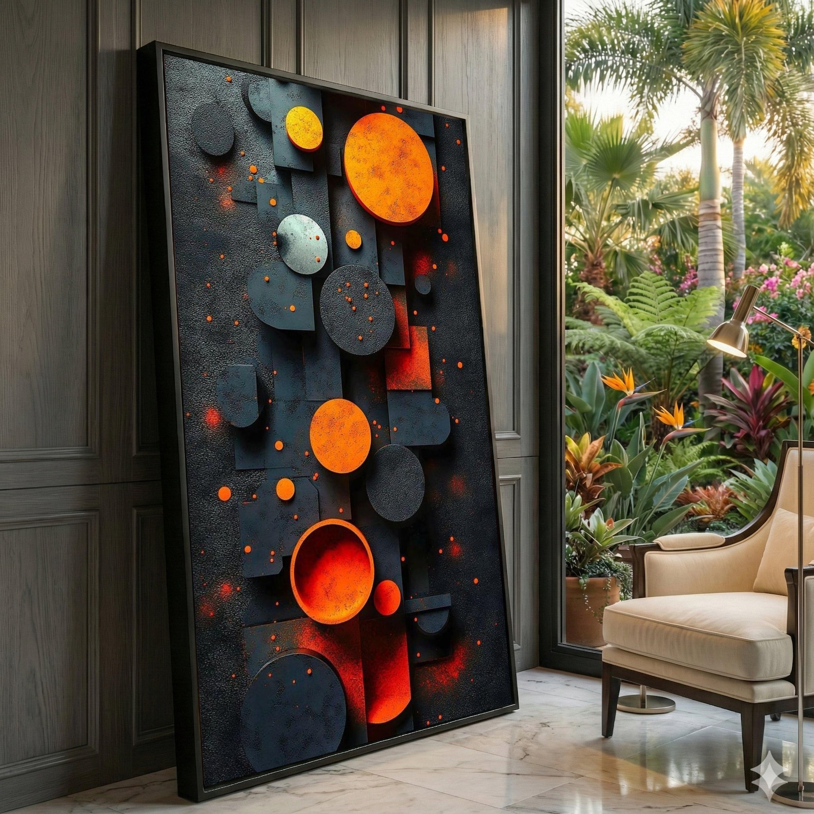 Modern Abstract Geometric Canvas, Orange and Black 3D Shapes Wall Art ...