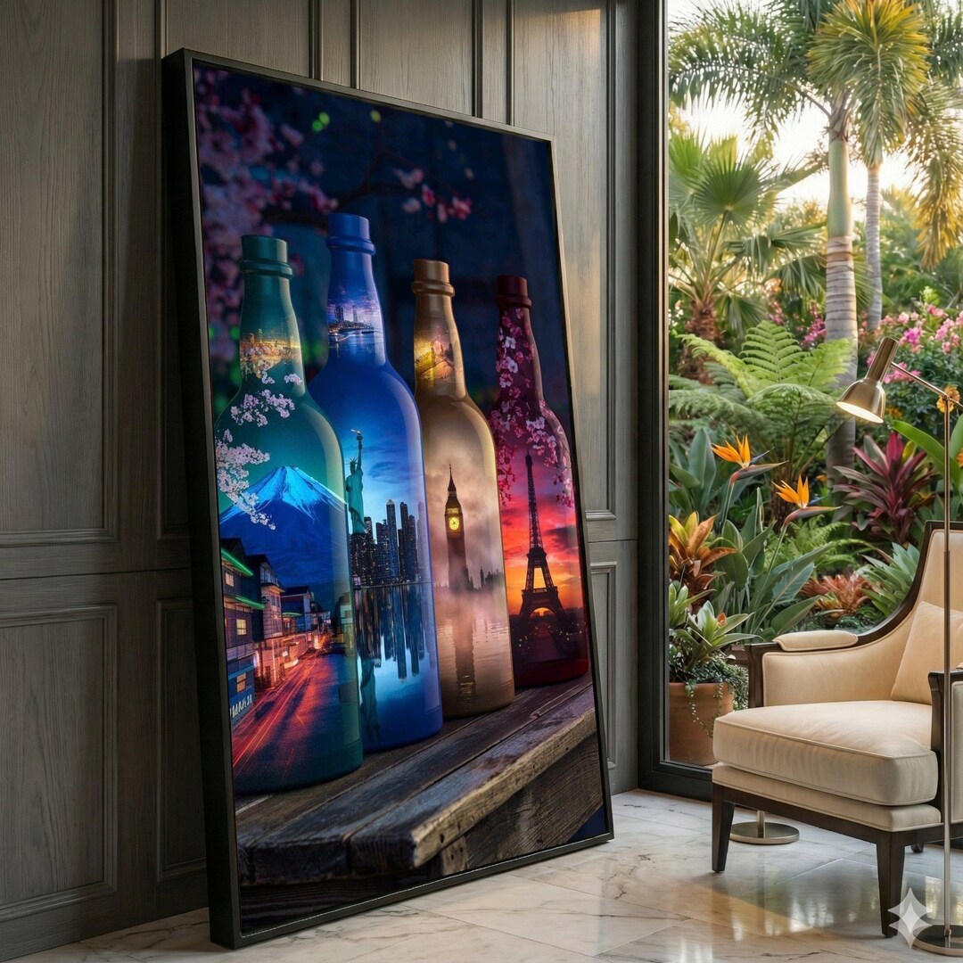 World Landmarks Bottles Canvas, Artistic Travel Wall Art - Etsy