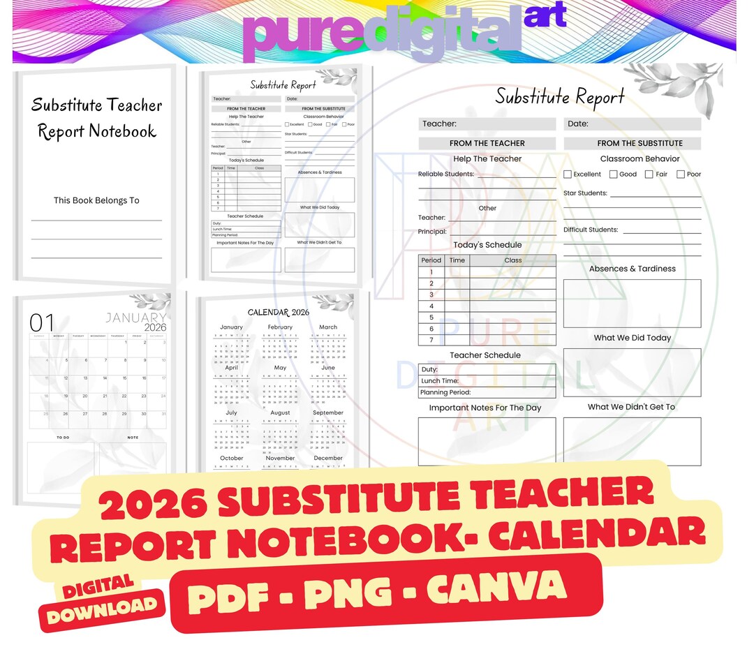 2026 Substitute Teacher Report Notebook, Calendar, Feedback Form ...
