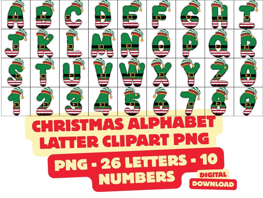 Christmas Elf Alphabet - Numbers PNG, Green Red Striped Letters 0-9 ...