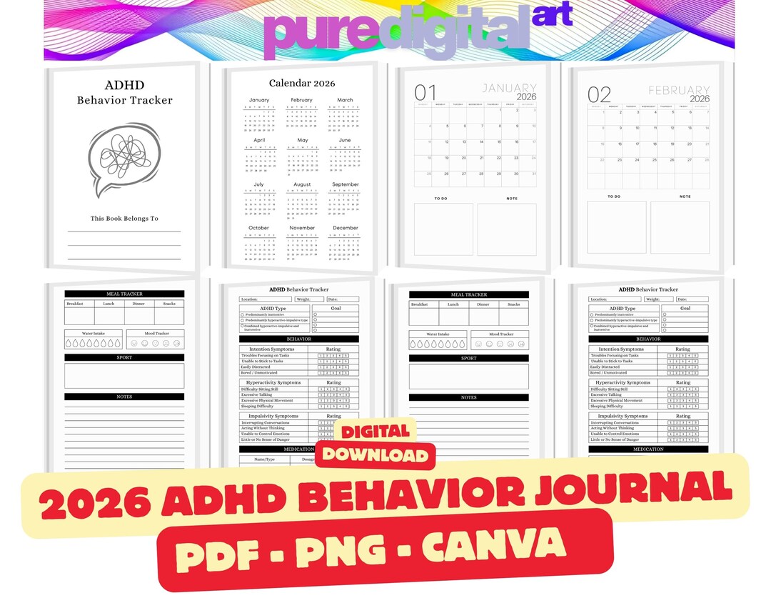 2026 ADHD Behavior Tracker, Symptom Log, Medication, Mood (PDF, Canva ...