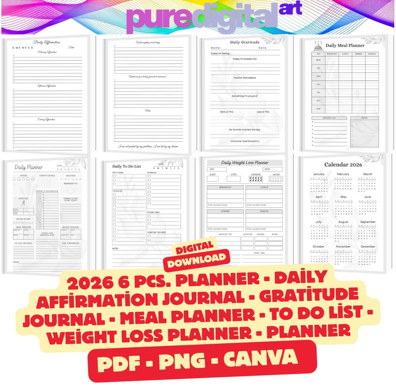2026 Daily Planner Bundle, Meal Tracker, Gratitude Journal (PDF, Canva ...