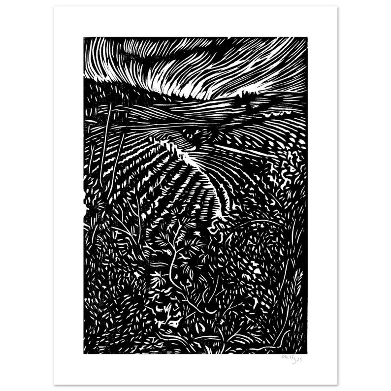 Vineyard Linocut Print | Black and White Landscape Nature Art ...