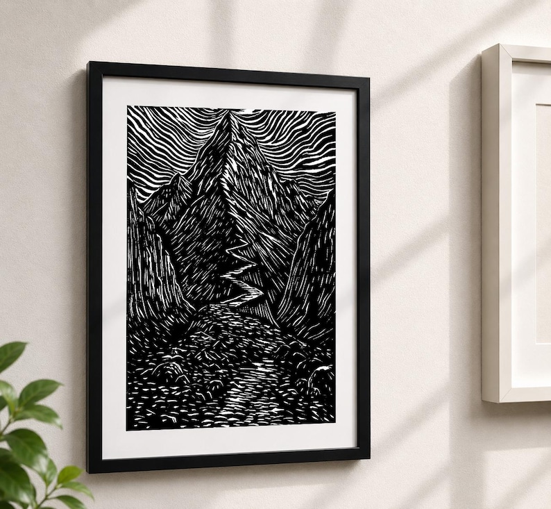 Black and White Linocut Mountain Print | Winding Trail Hiking Artwork ...