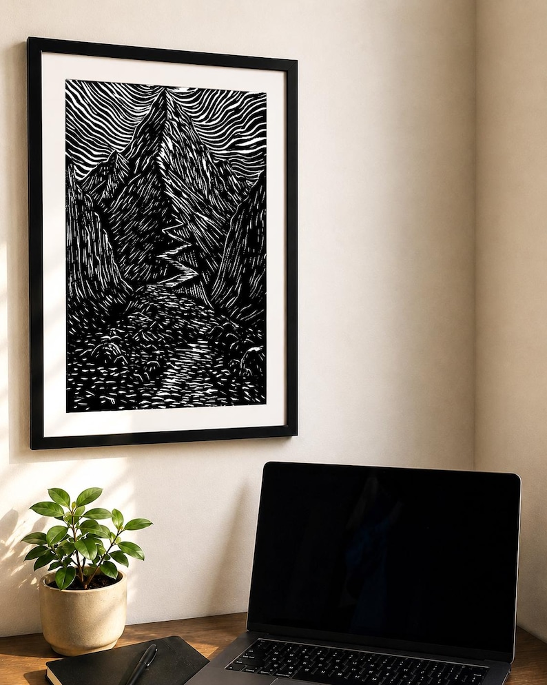 Black and White Linocut Mountain Print | Winding Trail Hiking Artwork ...