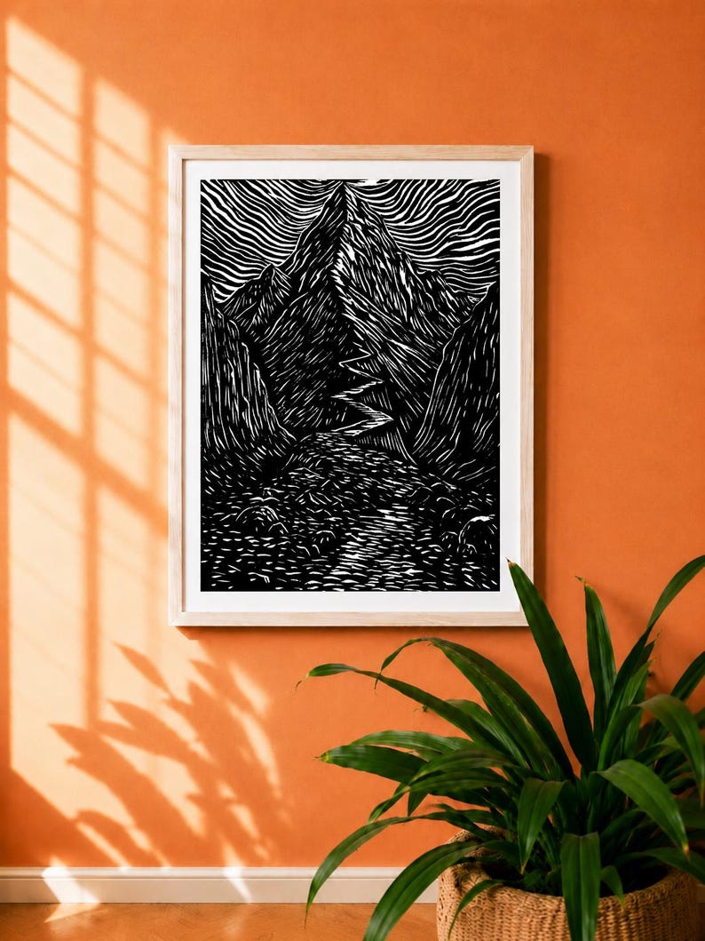Black and White Linocut Mountain Print | Winding Trail Hiking Artwork ...