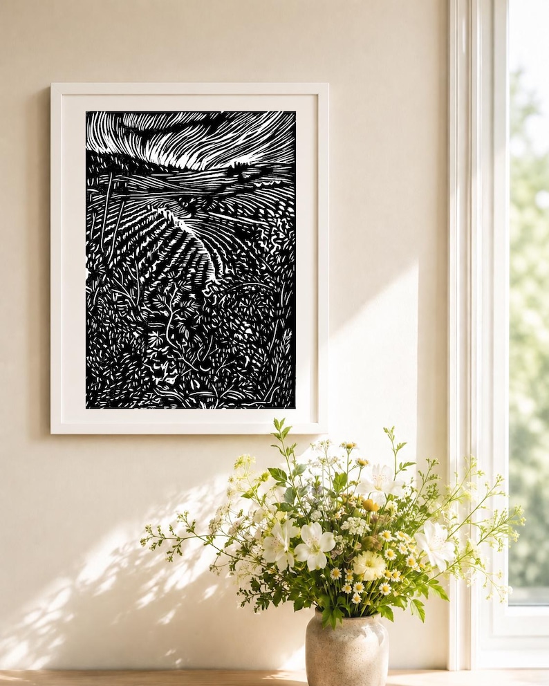 Vineyard Linocut Print | Black and White Landscape Nature Art ...
