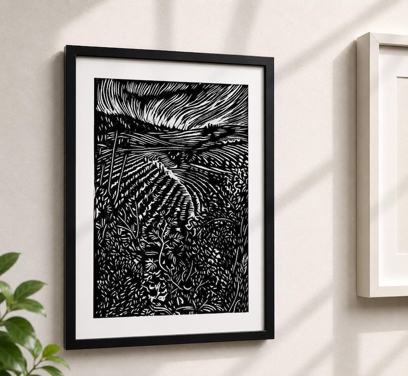Vineyard Linocut Print | Black and White Landscape Nature Art ...