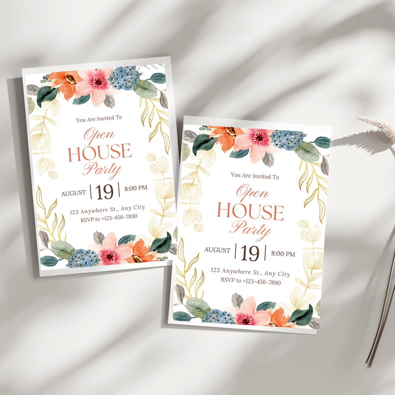 Floral Open House Invitation Template, Elegant Housewarming Party ...