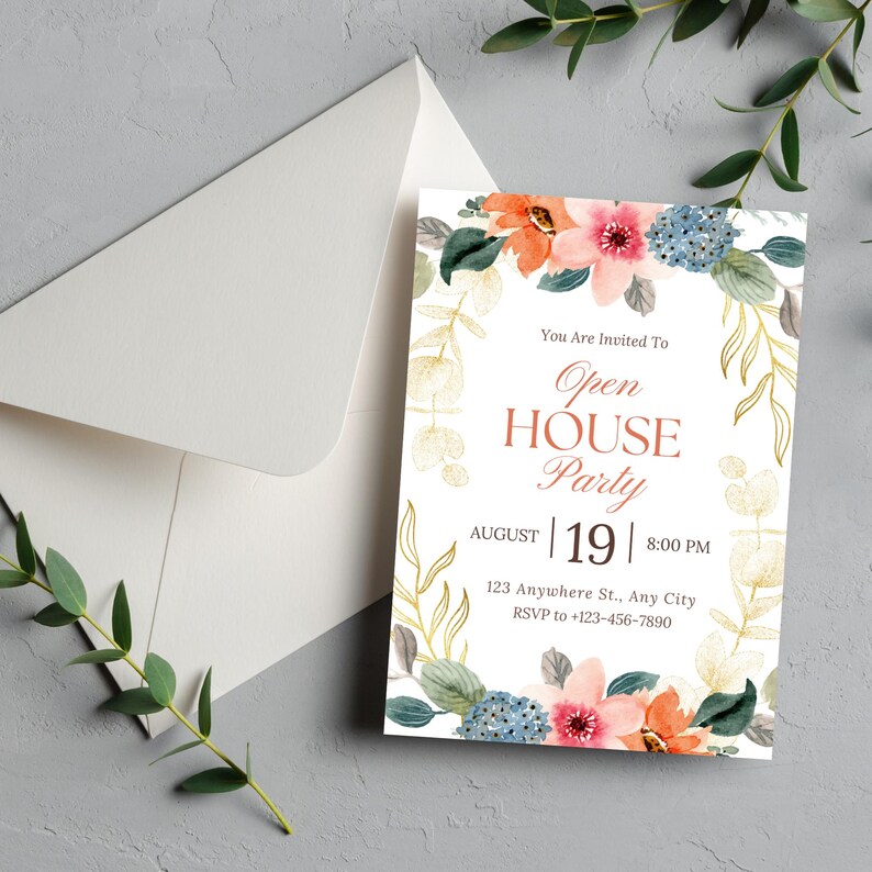 Floral Open House Invitation Template, Elegant Housewarming Party ...