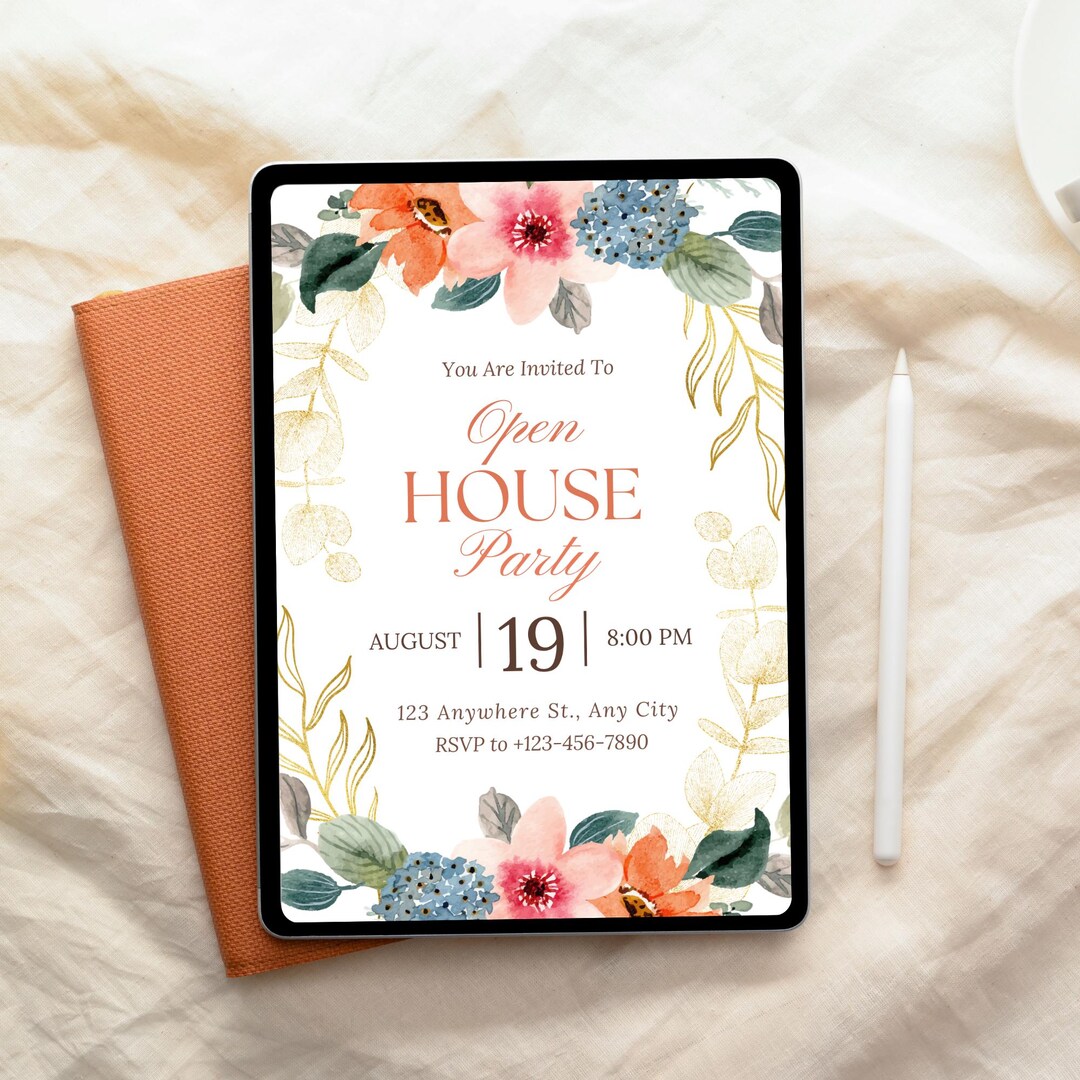 Floral Open House Invitation Template, Elegant Housewarming Party ...