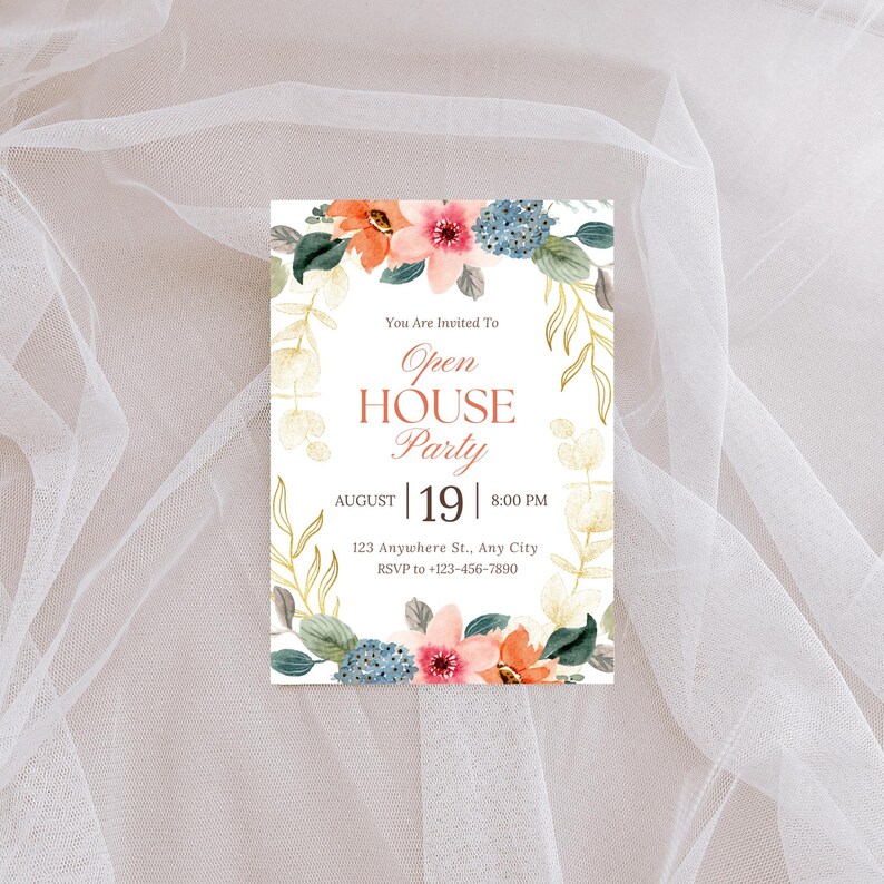 Floral Open House Invitation Template, Elegant Housewarming Party ...
