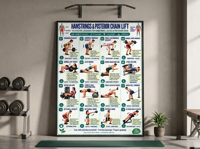 Hamstring Exercises Printable, Posterior Chain Workout, Dumbbell ...