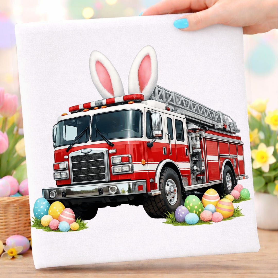 Fire Truck Easter Day PNG, Firefighter Fire Truck With Bunny Ears Png ...