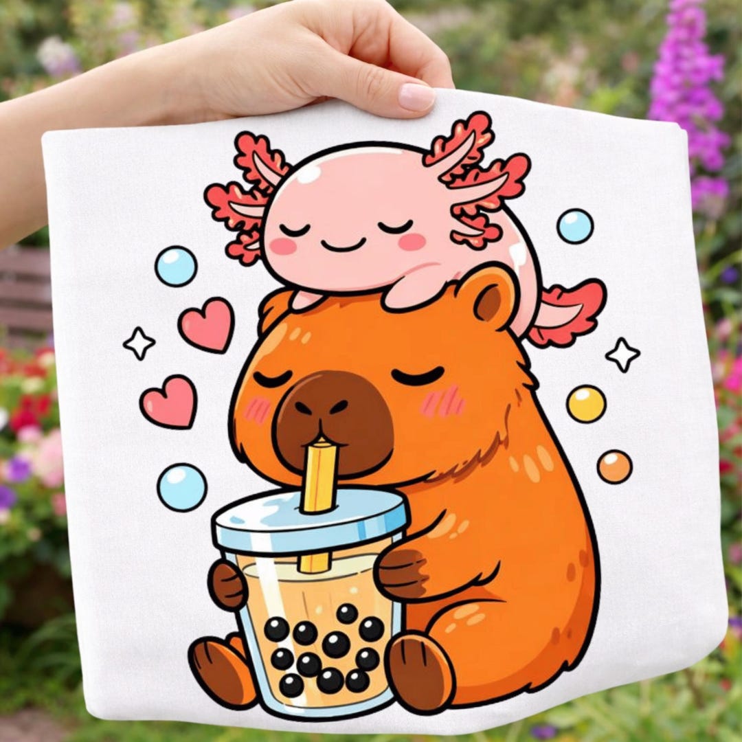 Cute Capybara and Axolotl With Bubble Tea PNG, Capybara and Axolotl ...