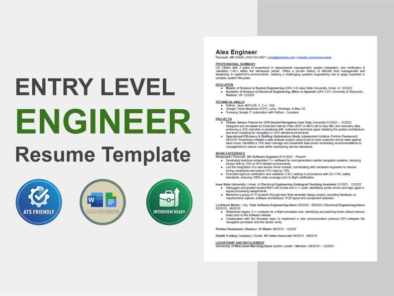 Entry Level Engineer Resume Template | ATS Optimized (word, PDF Guide ...