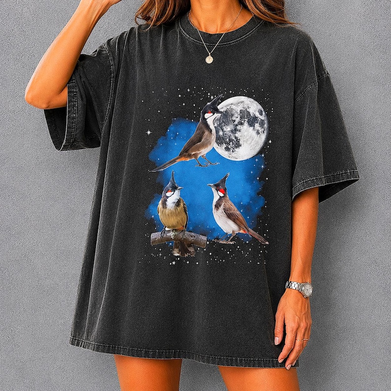 Three Bulbul Birds Moon Shirt, Vintage Celestial Wildlife Graphic Tee ...