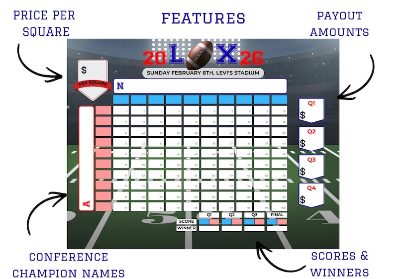 2026 Big Game Football Squares | 100 Squares Office Pool | Super ...