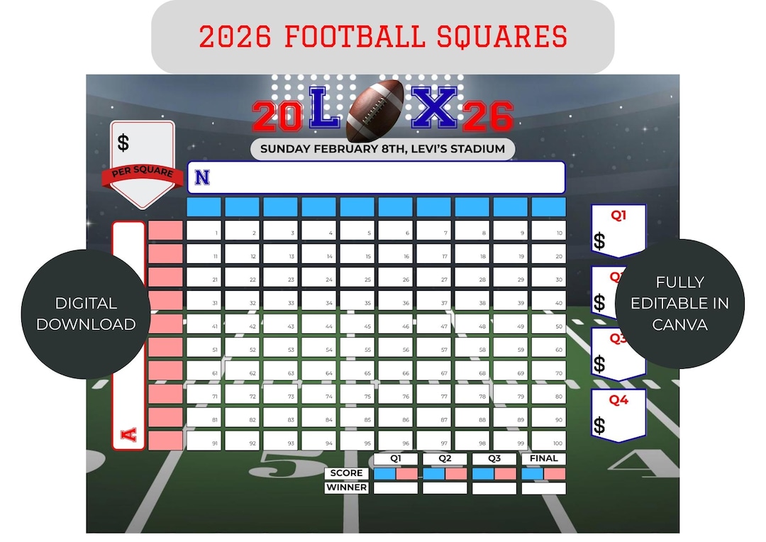 2026 Big Game Football Squares | 100 Squares Office Pool | Super ...