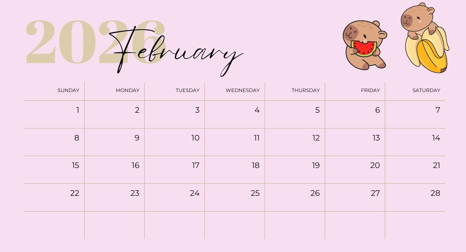2026 Pink Printable Calendar | Kawaii Monthly PDF Wall Calendar ...