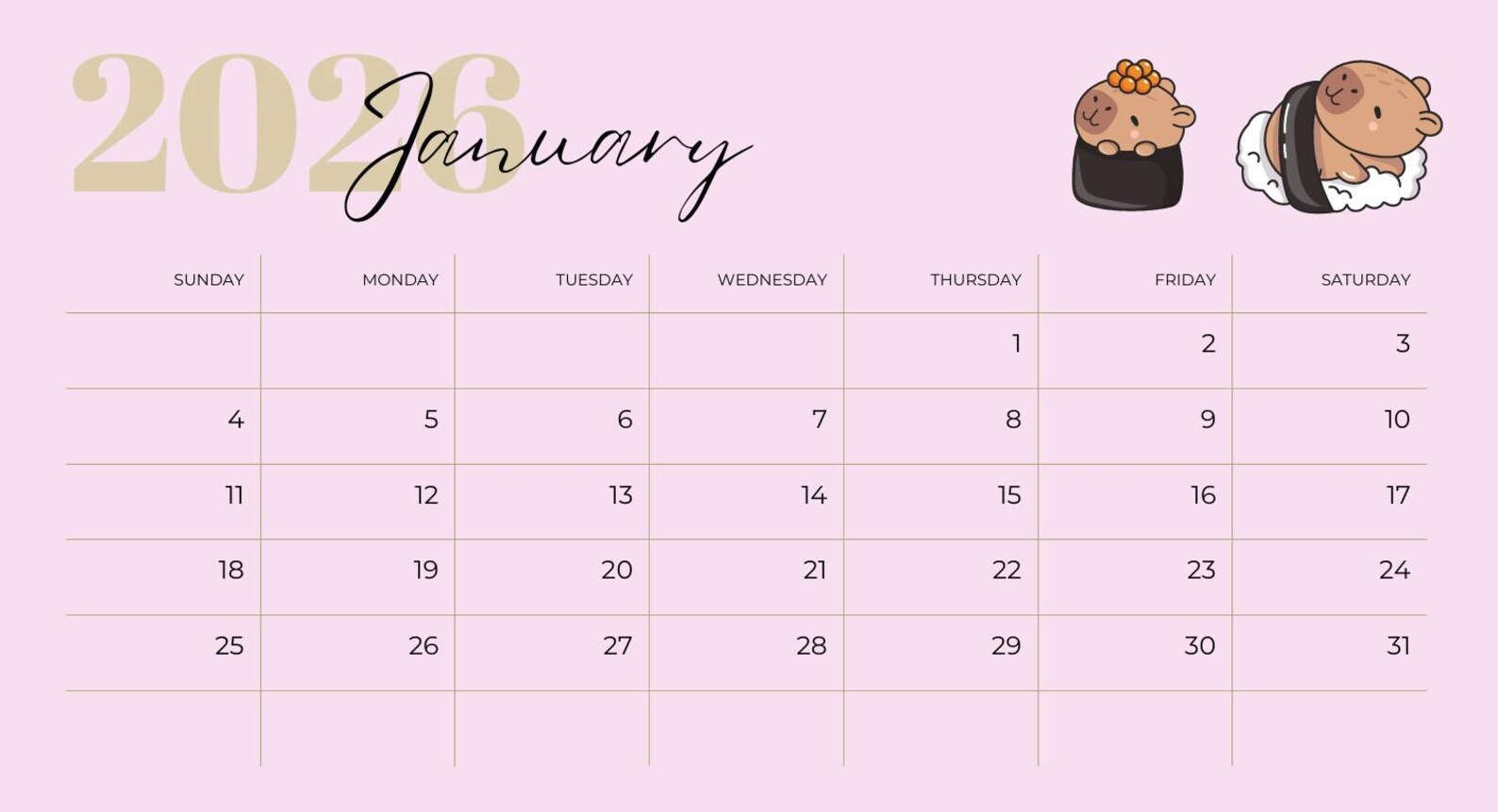 2026 Pink Printable Calendar | Kawaii Monthly PDF Wall Calendar ...