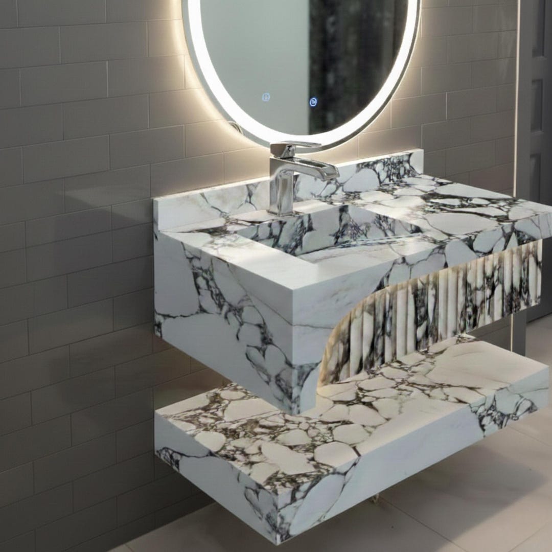 Calacatta Viola Marble Sink, Wall Mounted Floating Vanity, Natural ...