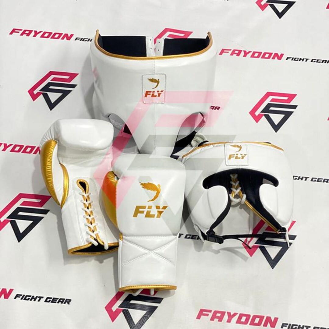 Professional Fly White Golden Boxing Sparring Set - Boxing Gloves Head ...