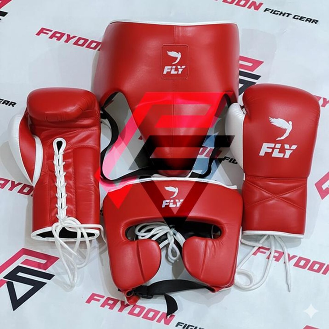 New Red White Fly Boxing Gloves Set Sparring Kit Head Gear Training ...