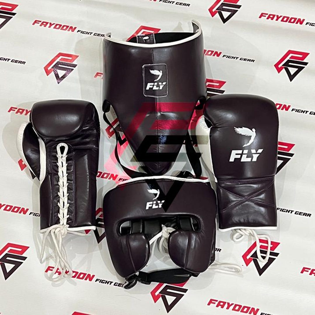 New Fly Boxing Leather Boxing Gloves Set Sparring Kit Head Gear Set ...