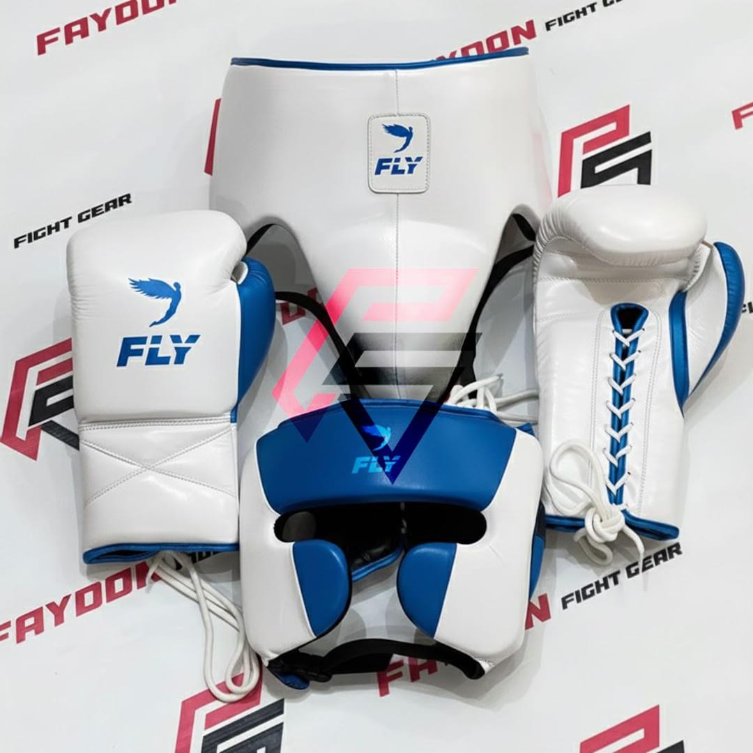 Latest Customized Fly Blue White Boxing Sparring Set Gloves, Head ...