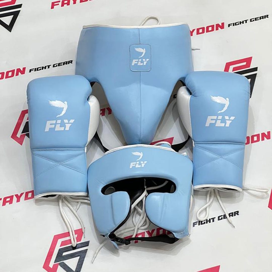 New Blue Fly Boxing Leather Boxing Gloves Set Sparring Kit Head Gear ...
