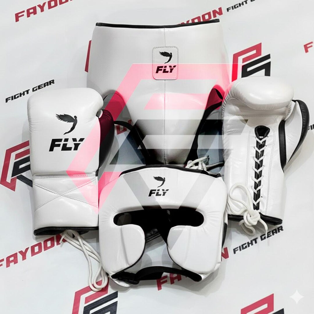 Custom Handmade Fly White Black Boxing Sparring Set | Gloves Headgear ...