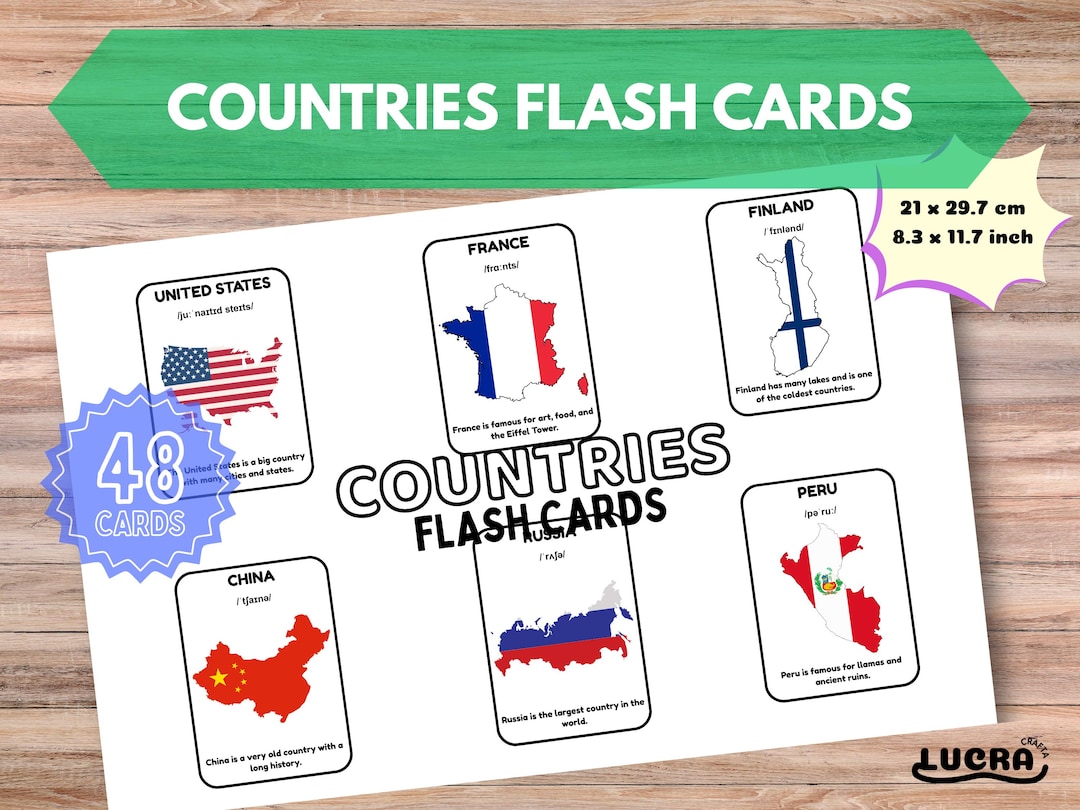 Flash Cards | 48 Countries Printable A4 Geography Cards With ...