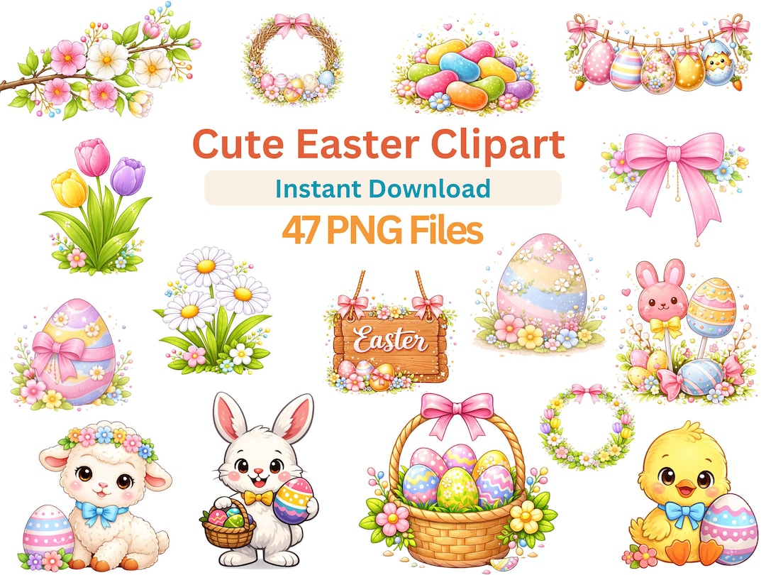 Easter Clipart Bundle, Bunny, Chick, Lamb & Egg Graphics, Planner ...