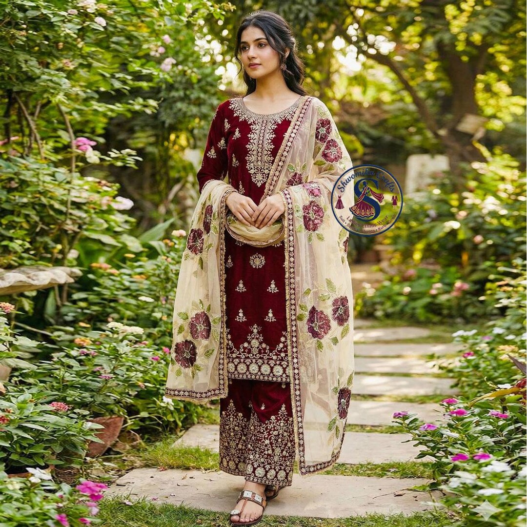 Maroon GMY Silk Embroidered Kurta Palazzo Set With Organza Dupatta ...