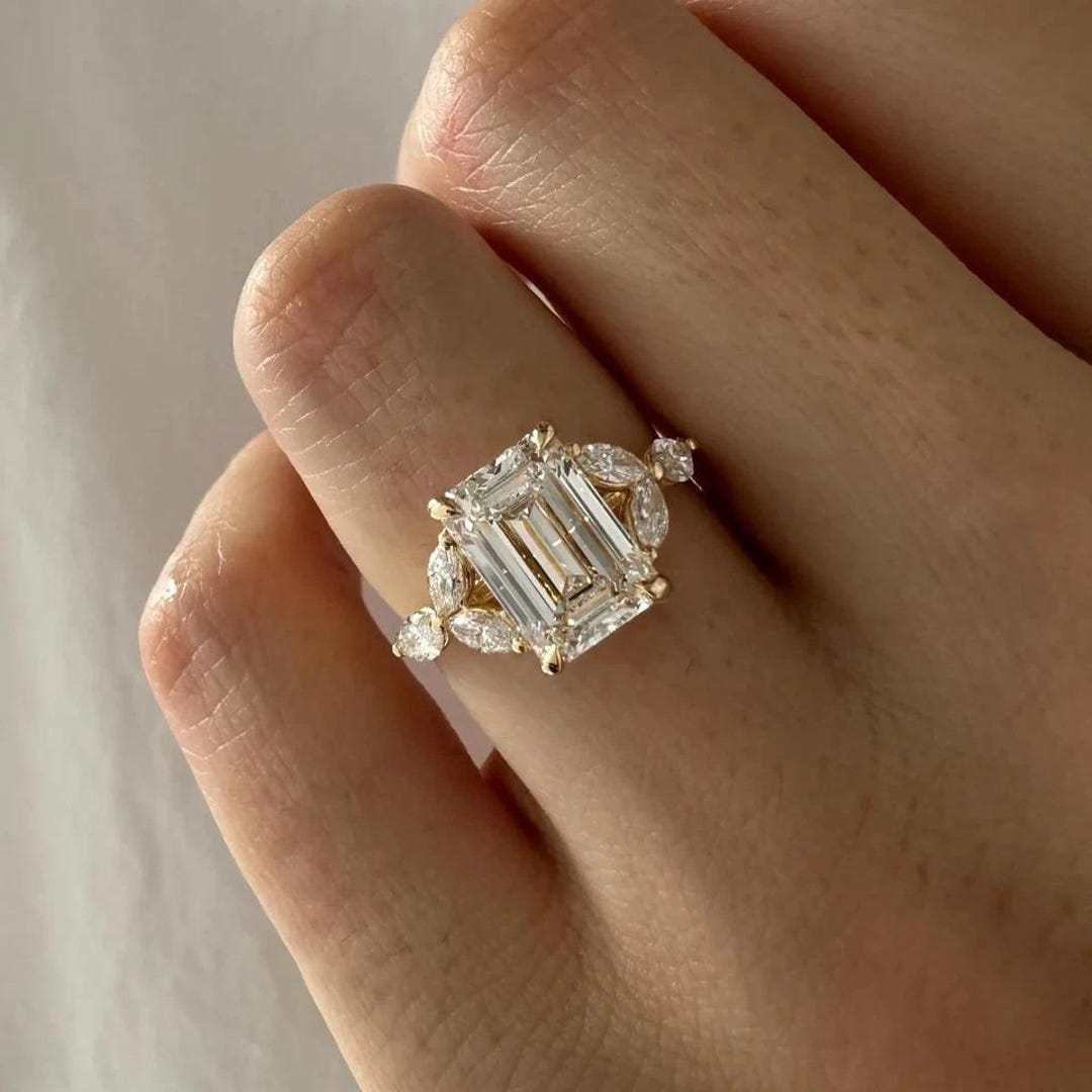 Certified GRA Moissanite Diamond Ring: Emerald Cut 925 Sterling Silver ...
