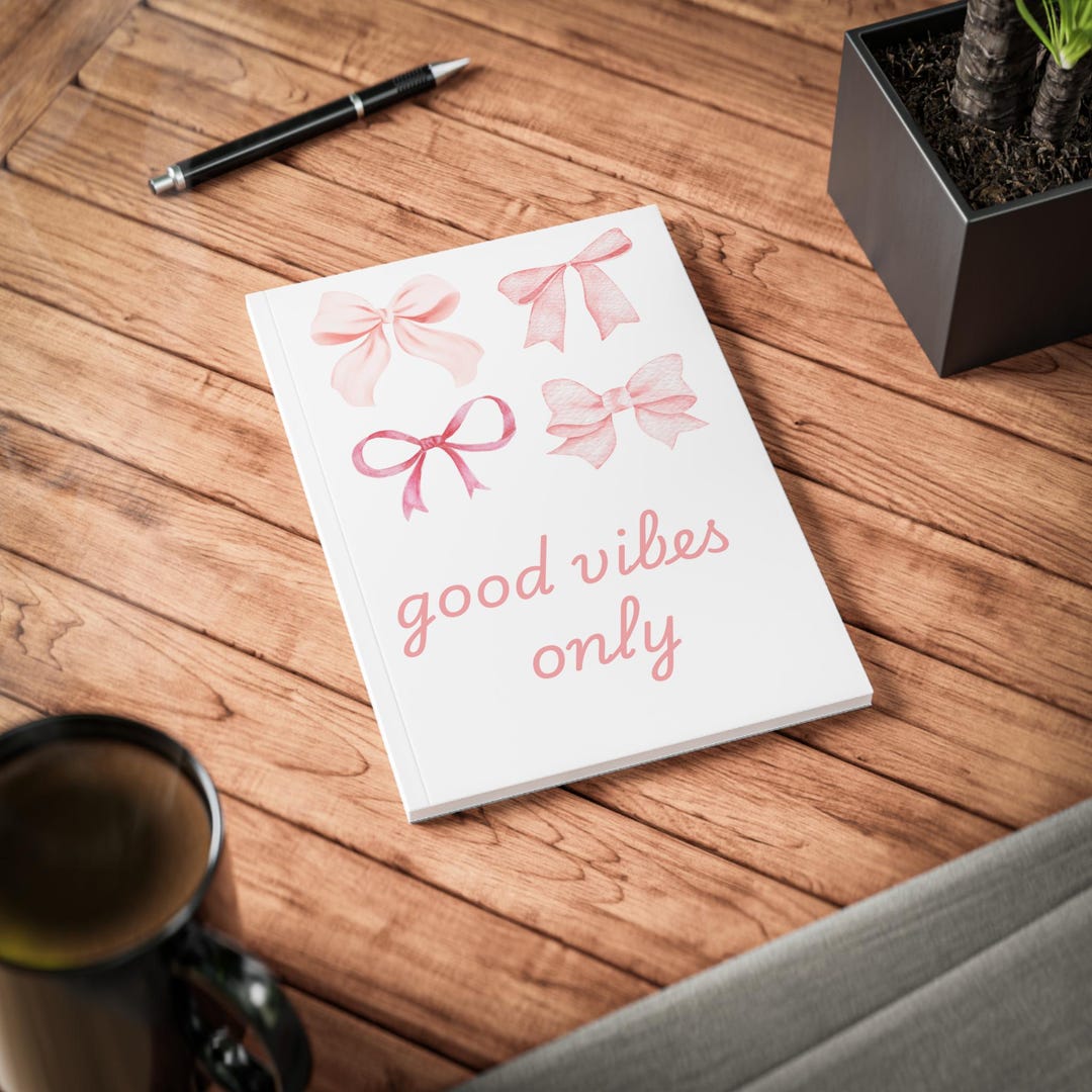 Pink Bow Illustration Good Vibes Only Notebook | A5 Softcover Journal ...