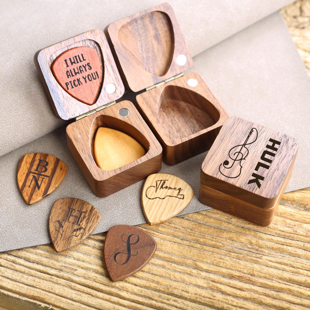 Personalized Walnut Guitar Pick Holder: Engraved Plectrum Box - Etsy