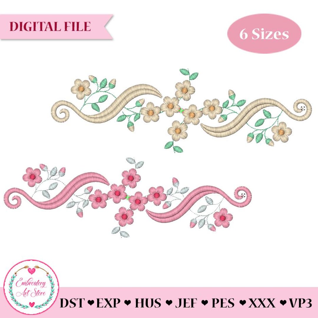 Branch Flower Machine Embroidery Design: Floral Leaf Border (digital ...