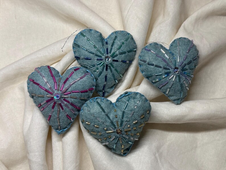 Soft Felt Hand-stitched Christmas Ornament With Beads - Blue Heart - Etsy