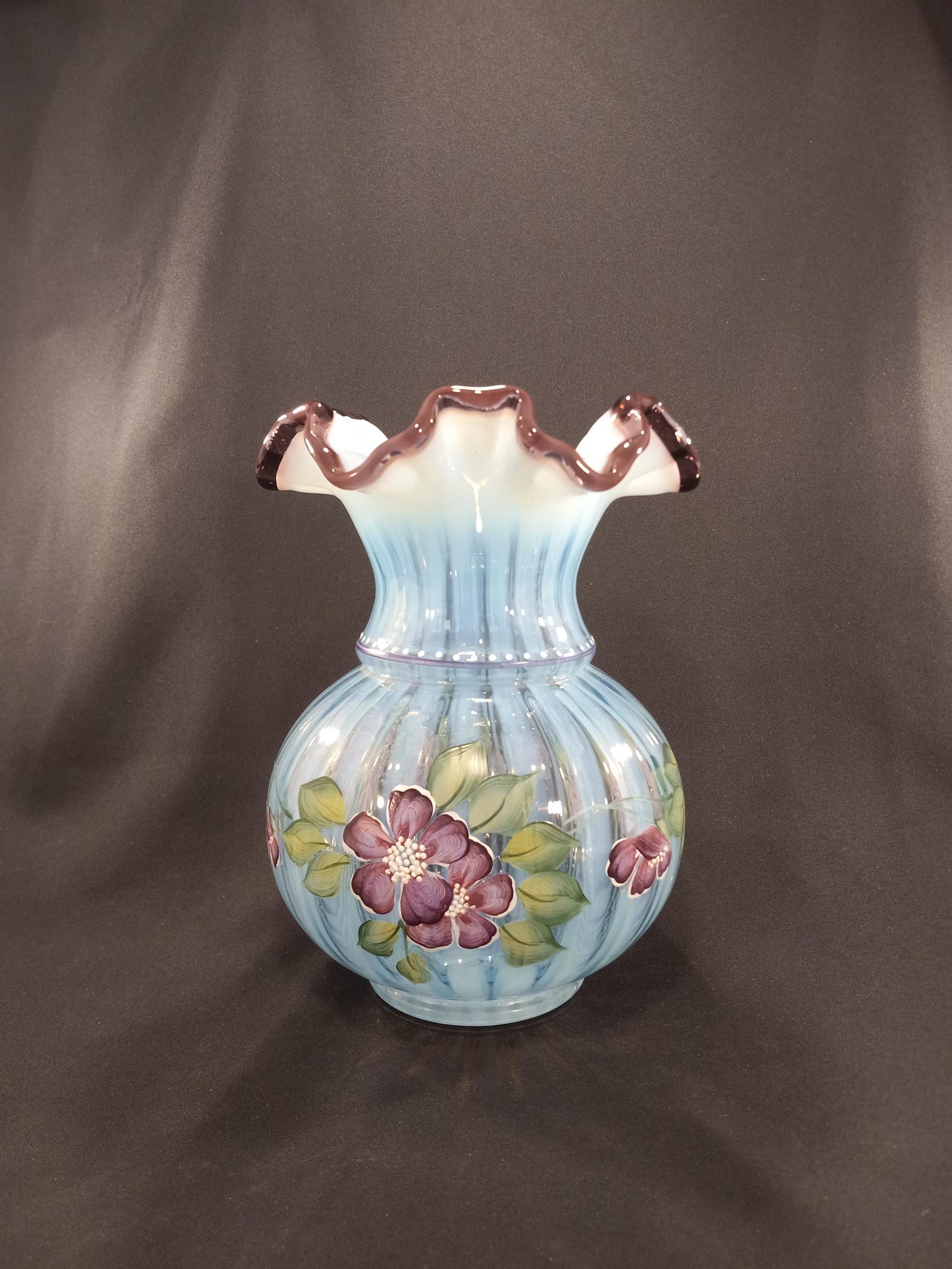 Fenton Vase Blue Rib Optic Purple Crest Hand Painted Iris Signed ...