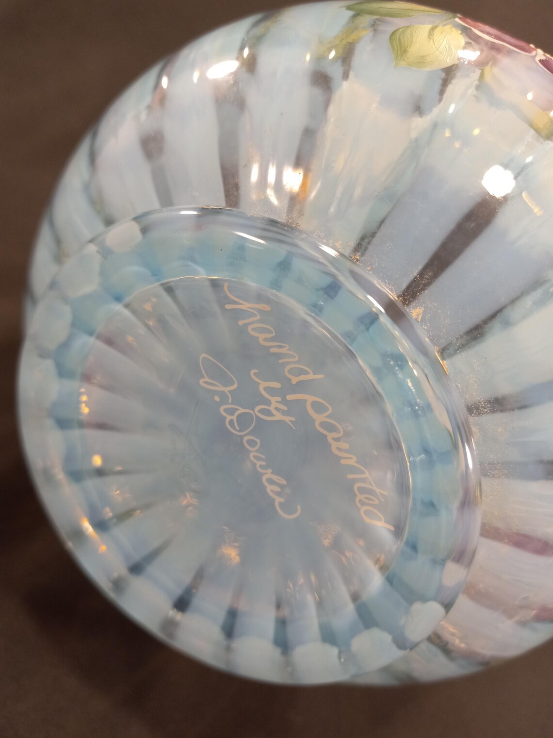 Fenton Vase Blue Rib Optic Purple Crest Hand Painted Iris Signed ...