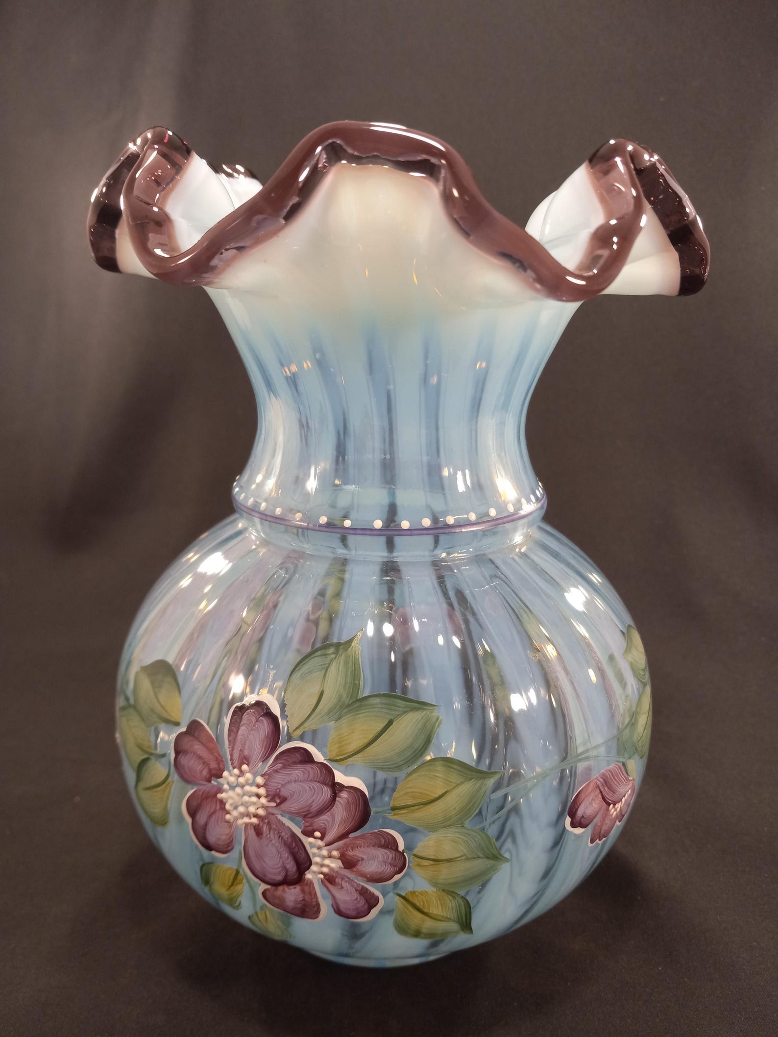 Fenton Vase Blue Rib Optic Purple Crest Hand Painted Iris Signed ...