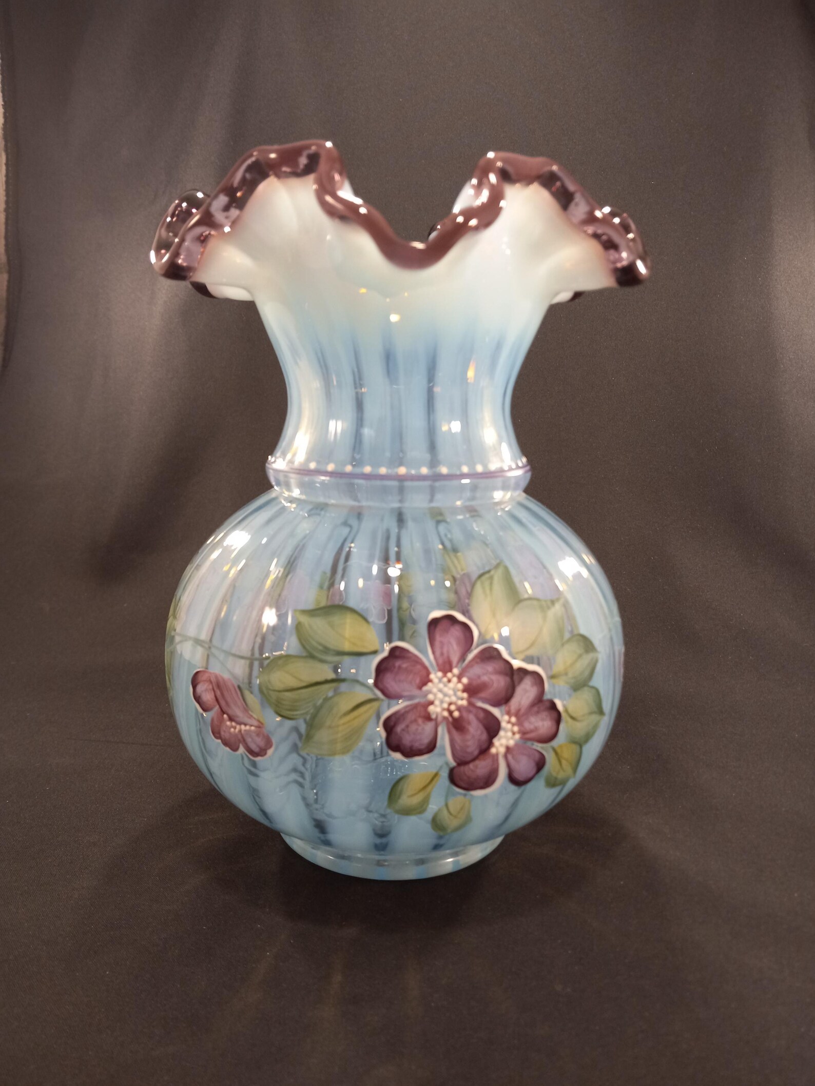 Fenton Vase Blue Rib Optic Purple Crest Hand Painted Iris Signed ...