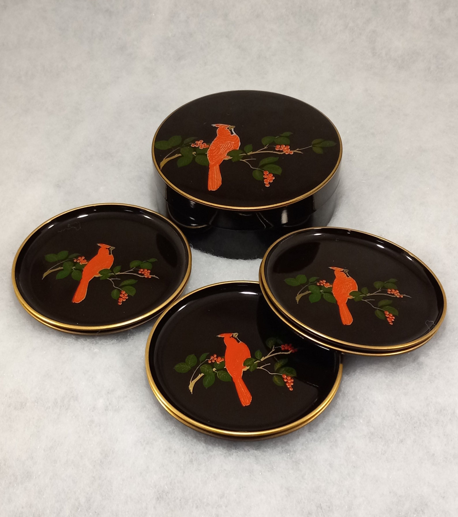 Cardinal Coaster Case Black Laquerware Vintage Otagiri Bird Six ...