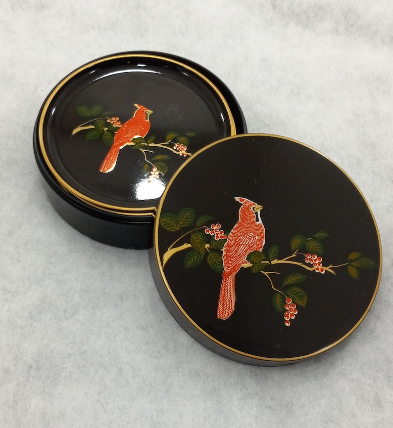 Cardinal Coaster Case Black Laquerware Vintage Otagiri Bird Six ...