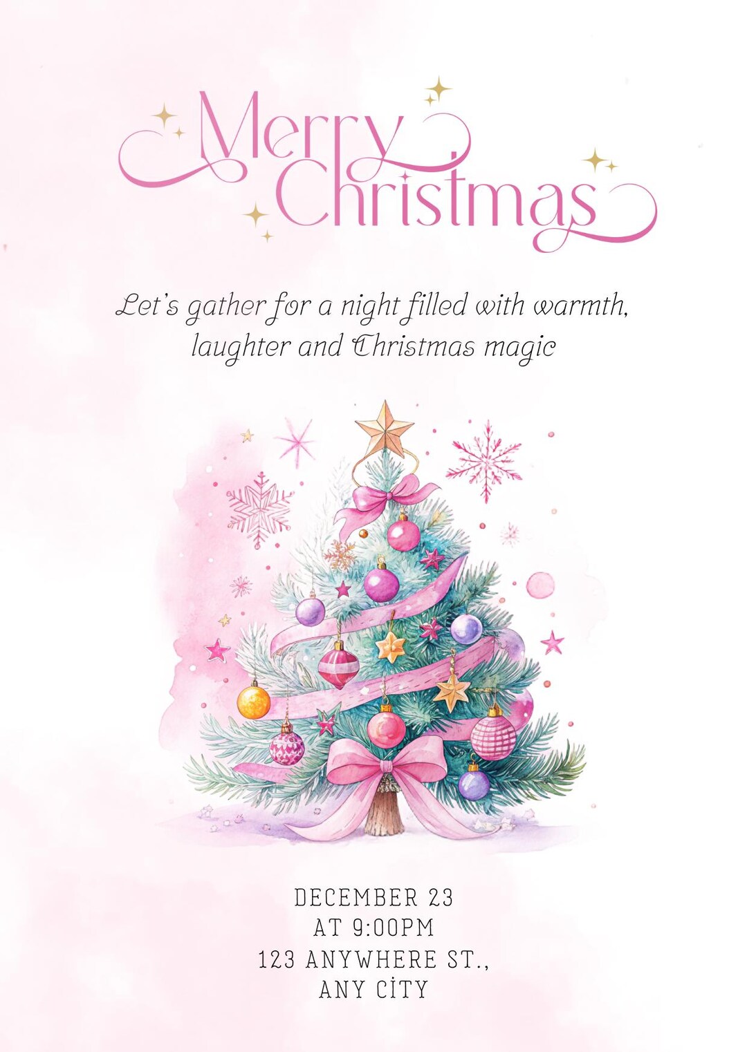 Watercolor Christmas Party Invitation | Pink Holiday Card (digital ...